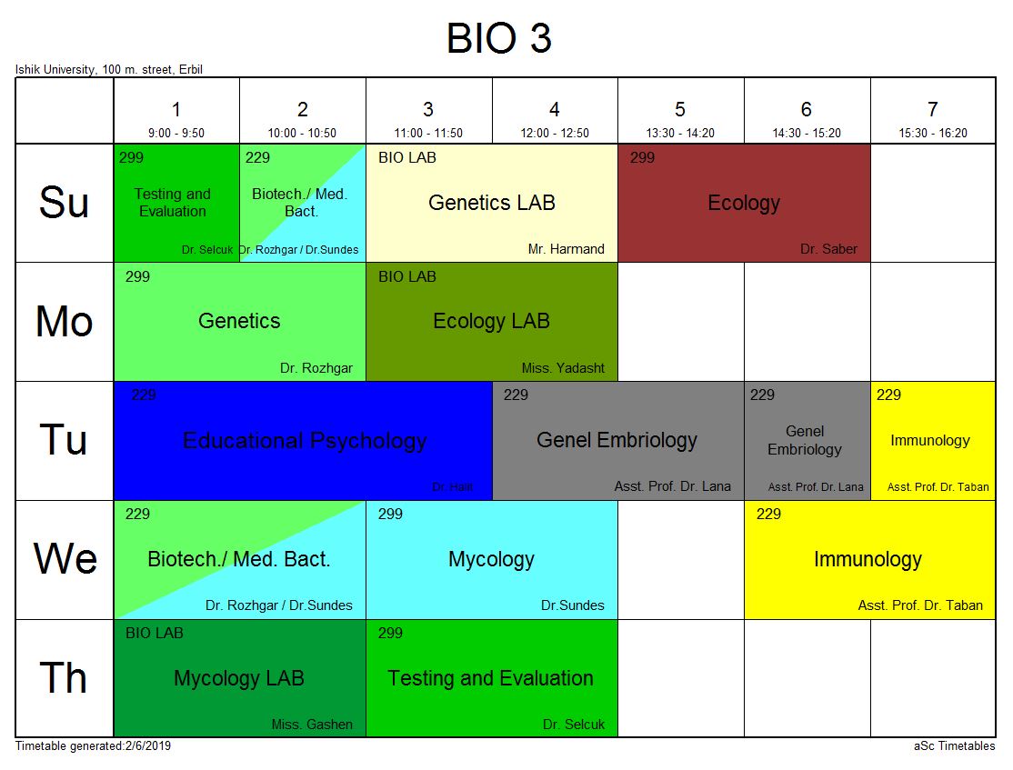 Biology Department updated Time Table - TIU TISHK INTERNATIONAL UNIVERSITY