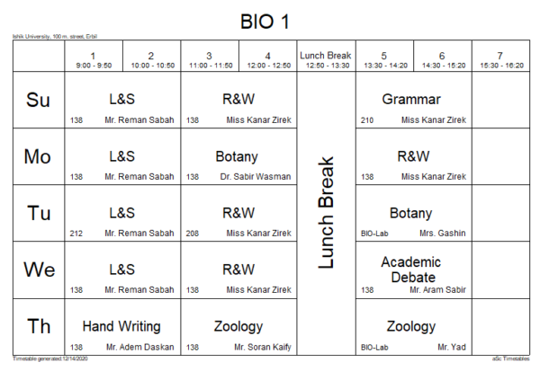 First Grades Weekly Schedule | Biology Department TIU