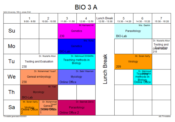 Schedule Updated | Biology Department TIU