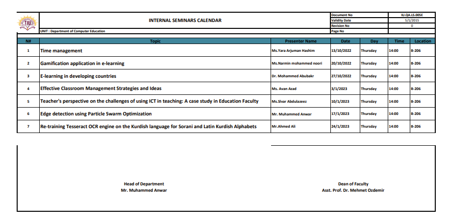 internal seminar | Computer Education Department TIU