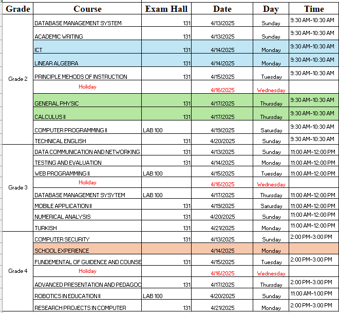 Schedules | Computer Education Department TIU
