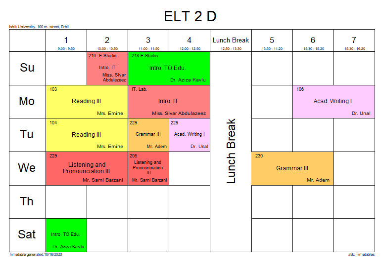 ELT UPDATED TIMETABLE (18/10/2020) | ELT Department TIU