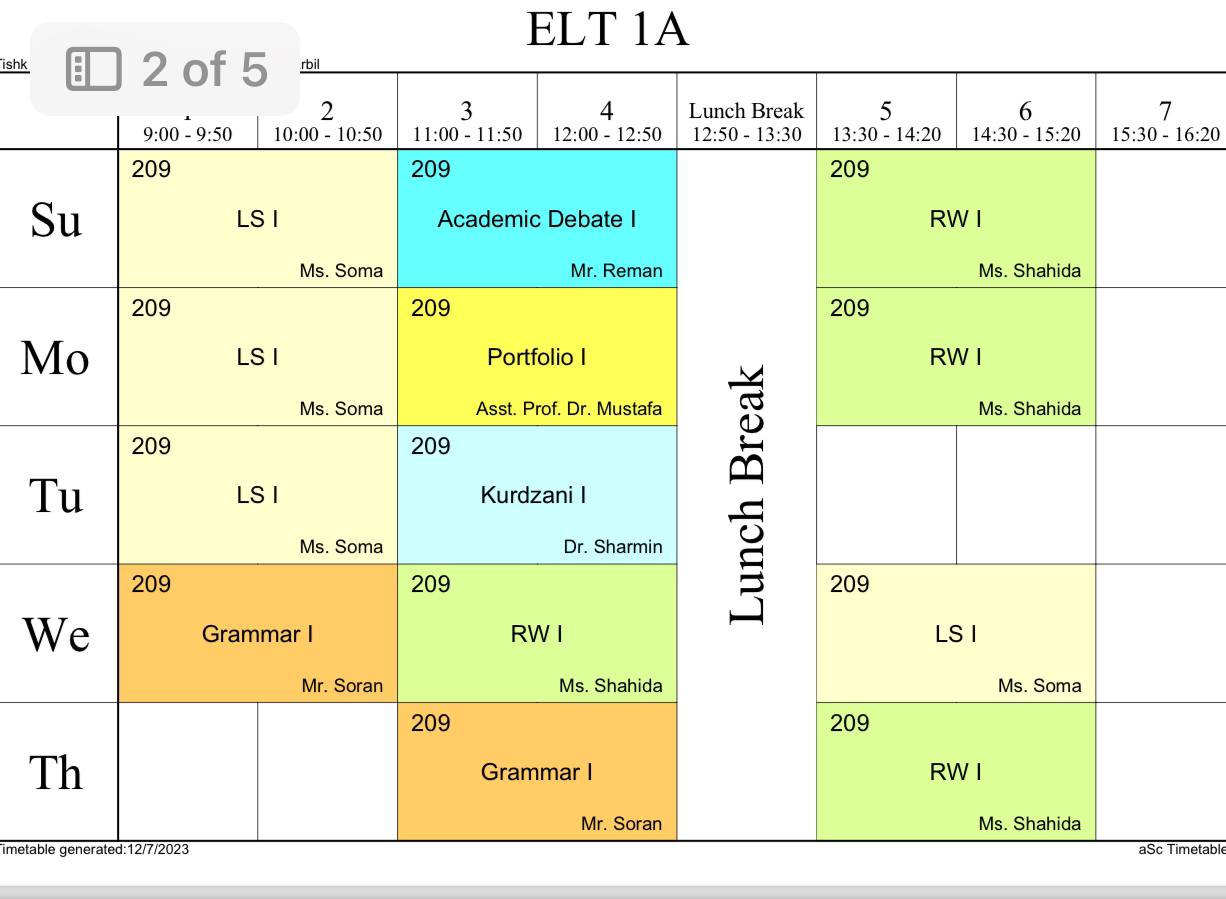 ELT 1st Grade Schedule - ELT Department TIU