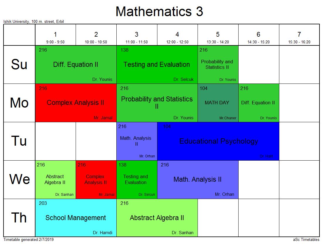 Weekly Time Table - Mathematics Education Department TIU TISHK ...