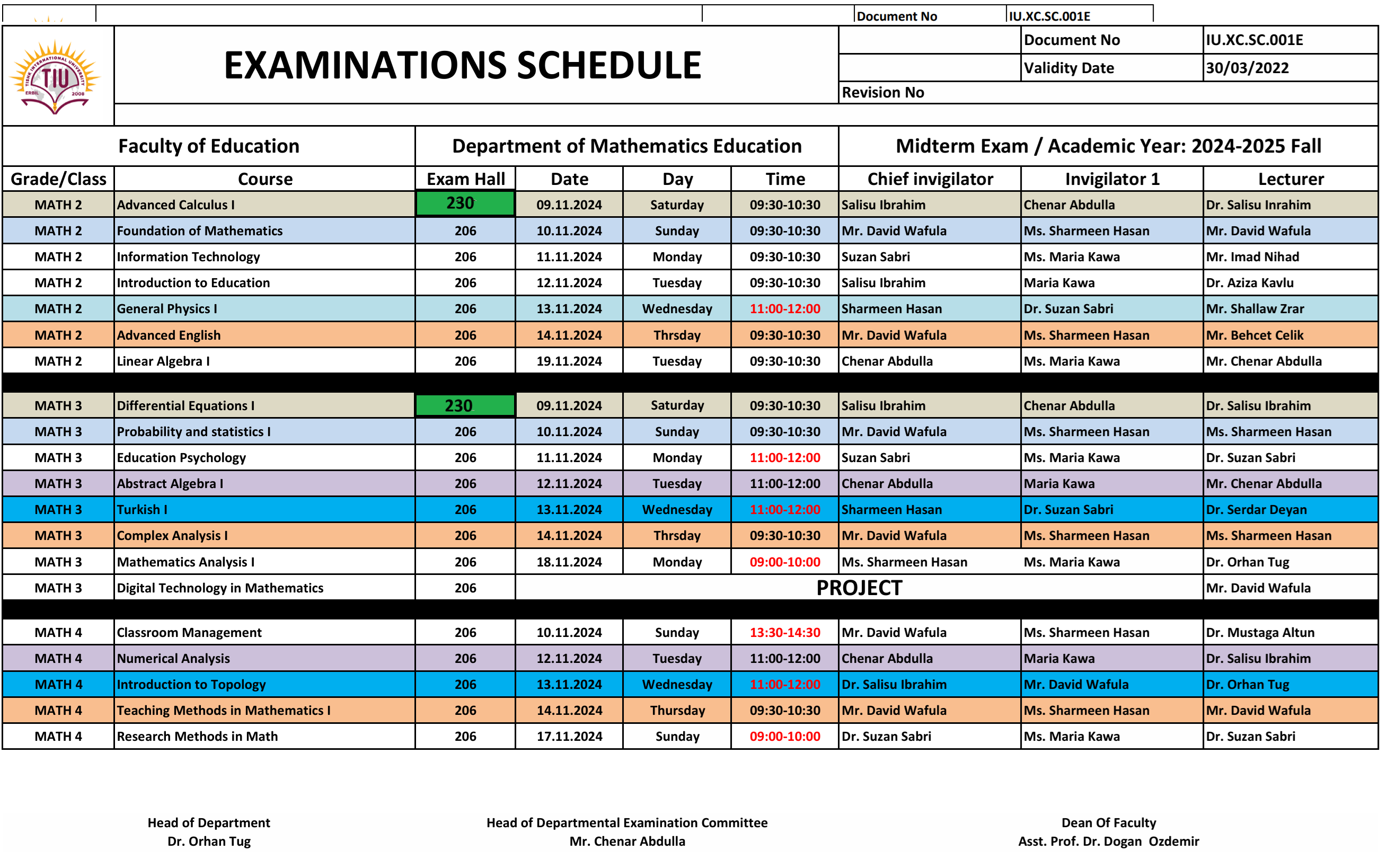 Schedules | Mathematics Education Department TIU