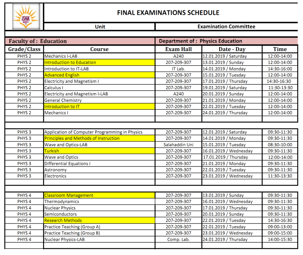 Final Exam Schedule 2018-2019 Fall Term Updated-2 - Physics Education ...