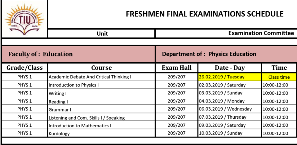FRESHMEN FINAL EXAMINATIONS SCHEDULE 2018-2019 | Physics Education ...