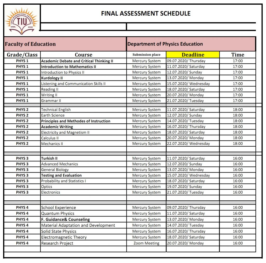 Spring Final Assessment Schedule 2019-2020 | Physics Education Department