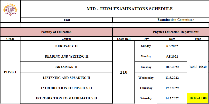 Schedules - Physics Education Department